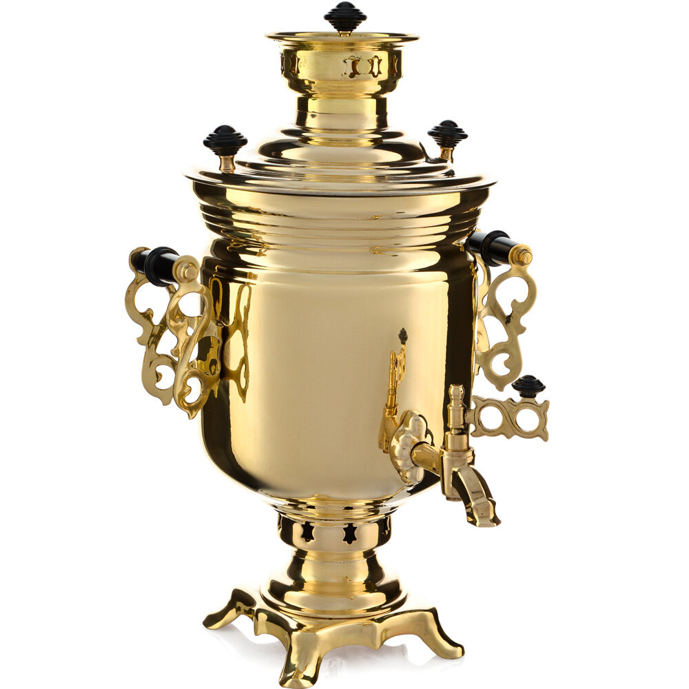 Самовар на дровах 2,8 литра формы «Банка с резными ручками», золотой, категория «Люкс»