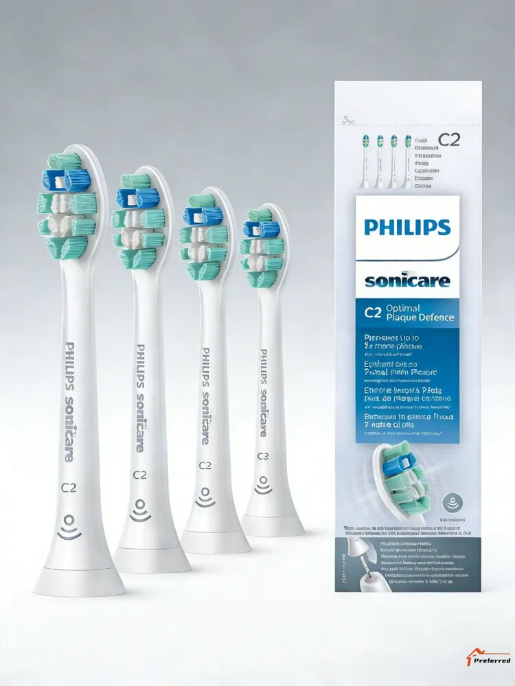 Preferred Насадки для электрической зубной щетки Philips Sonicare C2 Optimal Plague Defence HX9022/10, для бережного удаления налёта, 4 шт, белый