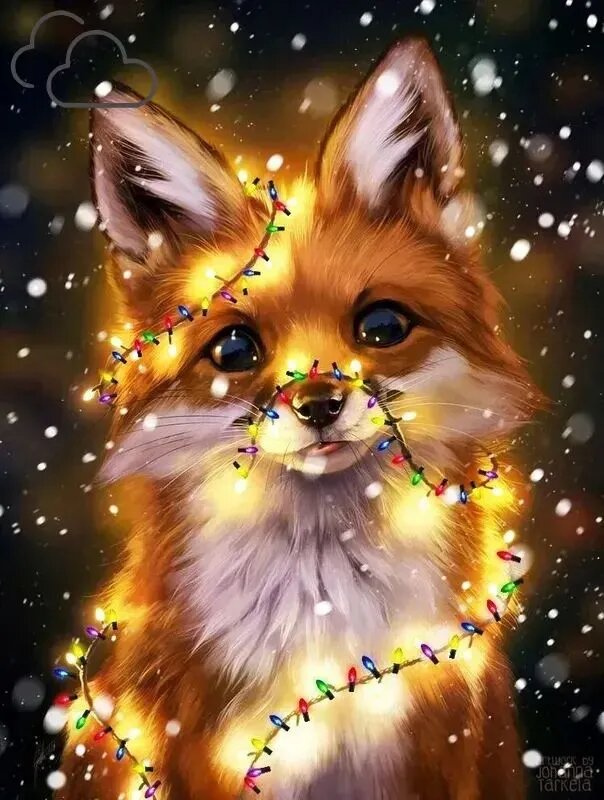 Алмазная Мозаика "Лисёнок с гирляндой Лиса в гирлянде Лисенок" 30*40 См, Безрамная, Идеальна Для Дома, Украшения, Подарков.