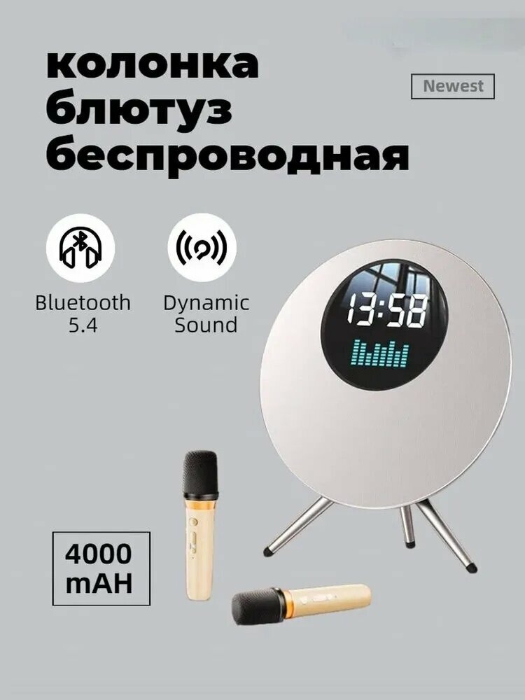 Портативная Bluetooth колонка с караоке-микрофоном музыкальная колонка колонка блютуз беспроводная: 8ч автономия, RGB-подсветка, умный эквалайзер, функция шумоподавления, мощный 91мм динамик (белая)