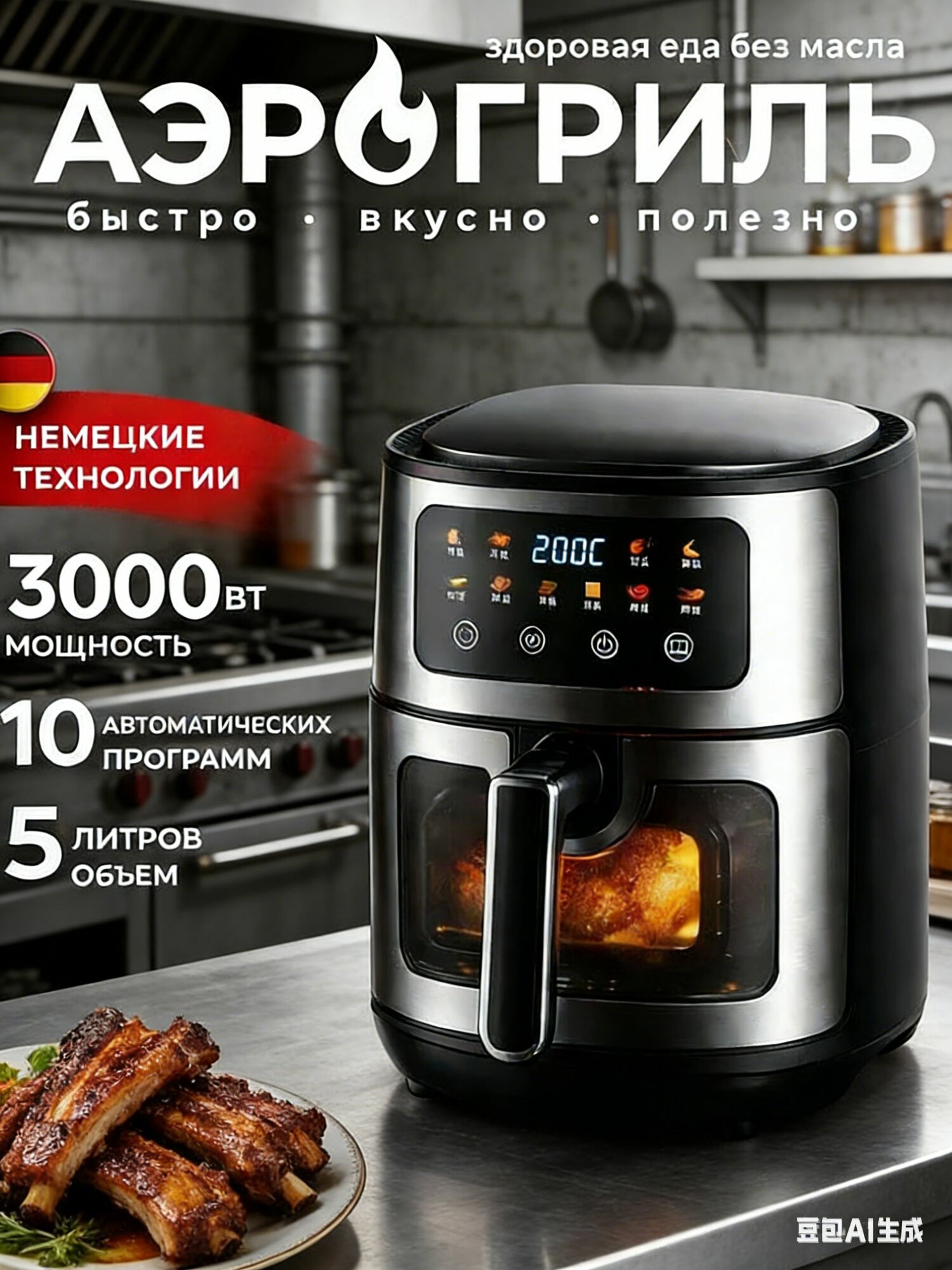 Аэрогриль воздушный фритюрник 3000 Вт/10 Автоматических программ/5 литров
