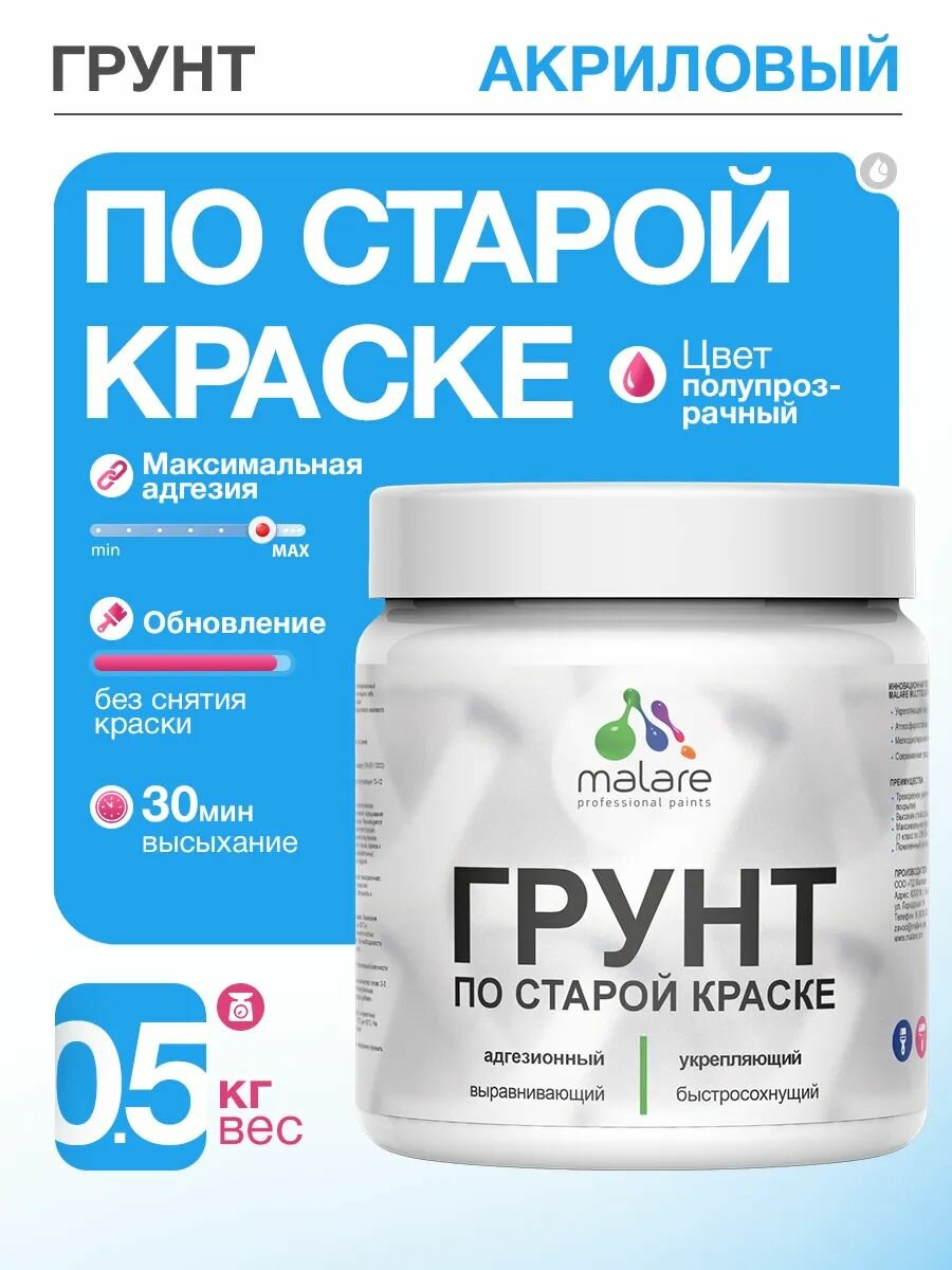 Грунт по старой краске Malare акриловый адгезионный универсальный, без запаха быстросохнущий, полупрозрачный, 0.5 кг.