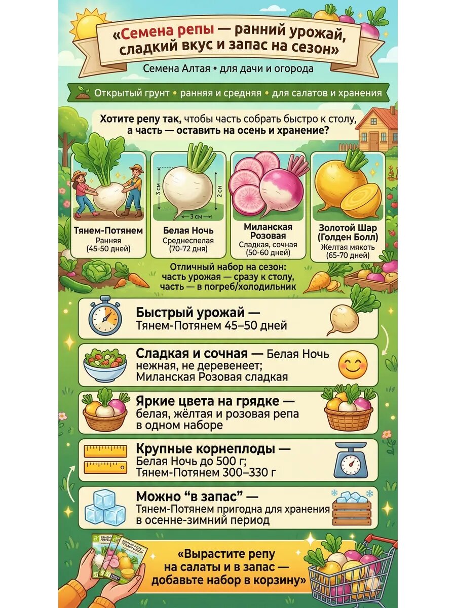 Набор семян репы для открытого грунта и теплиц, 4 сорта, Семена Алтая — фото 1