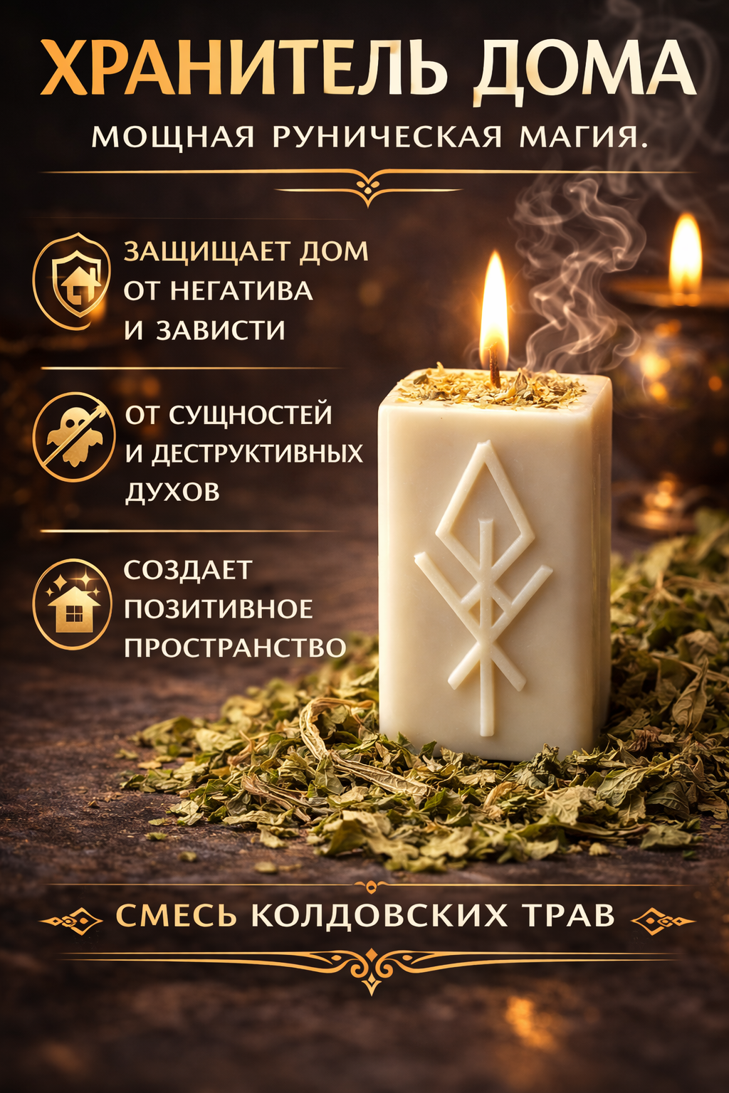 Свеча руническая программная Хранитель Дома с травами.