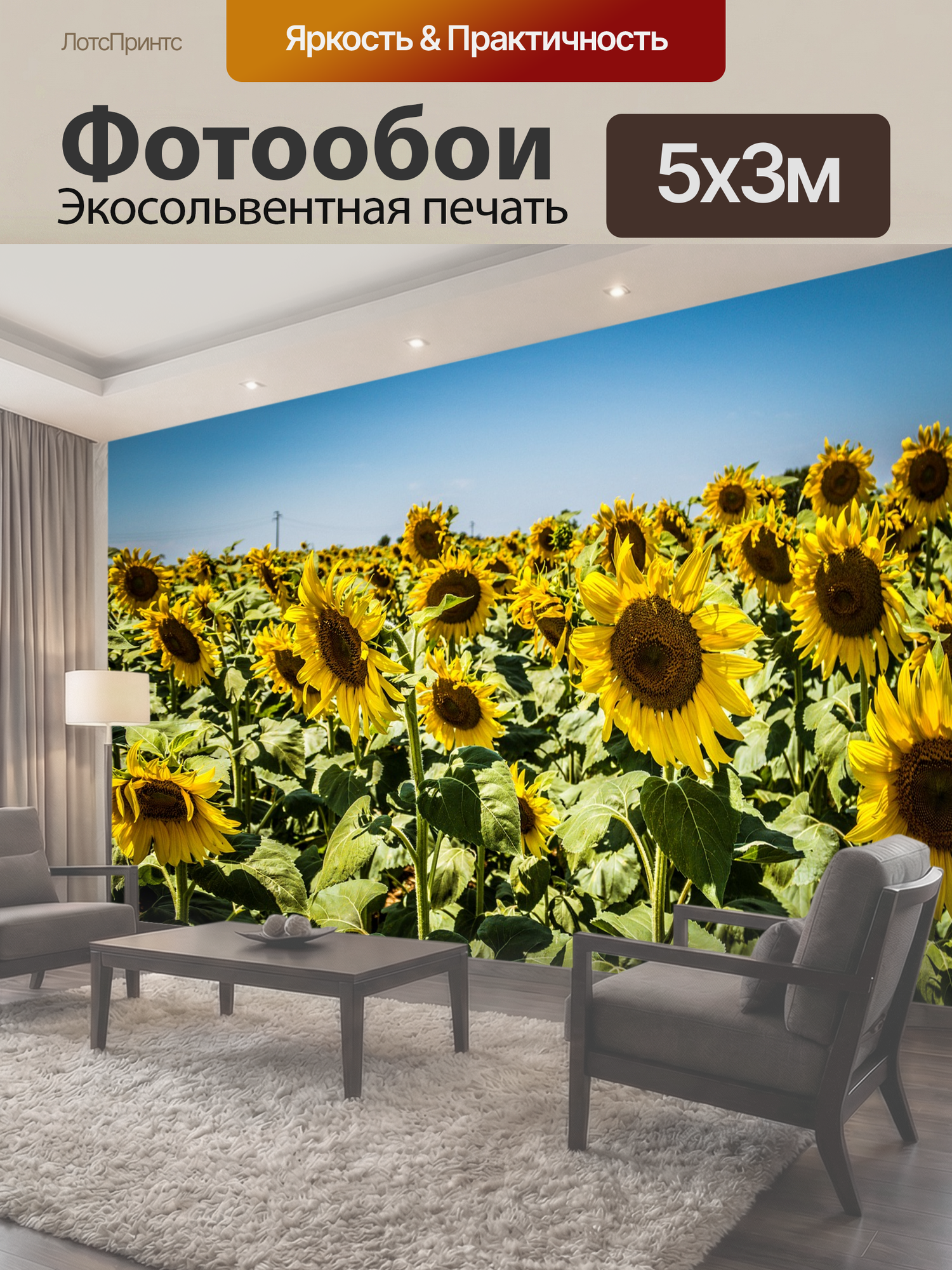 Фотообои "Подсолнухи, цветы, подсолнечник" 500x300 см. экосольвентная печать