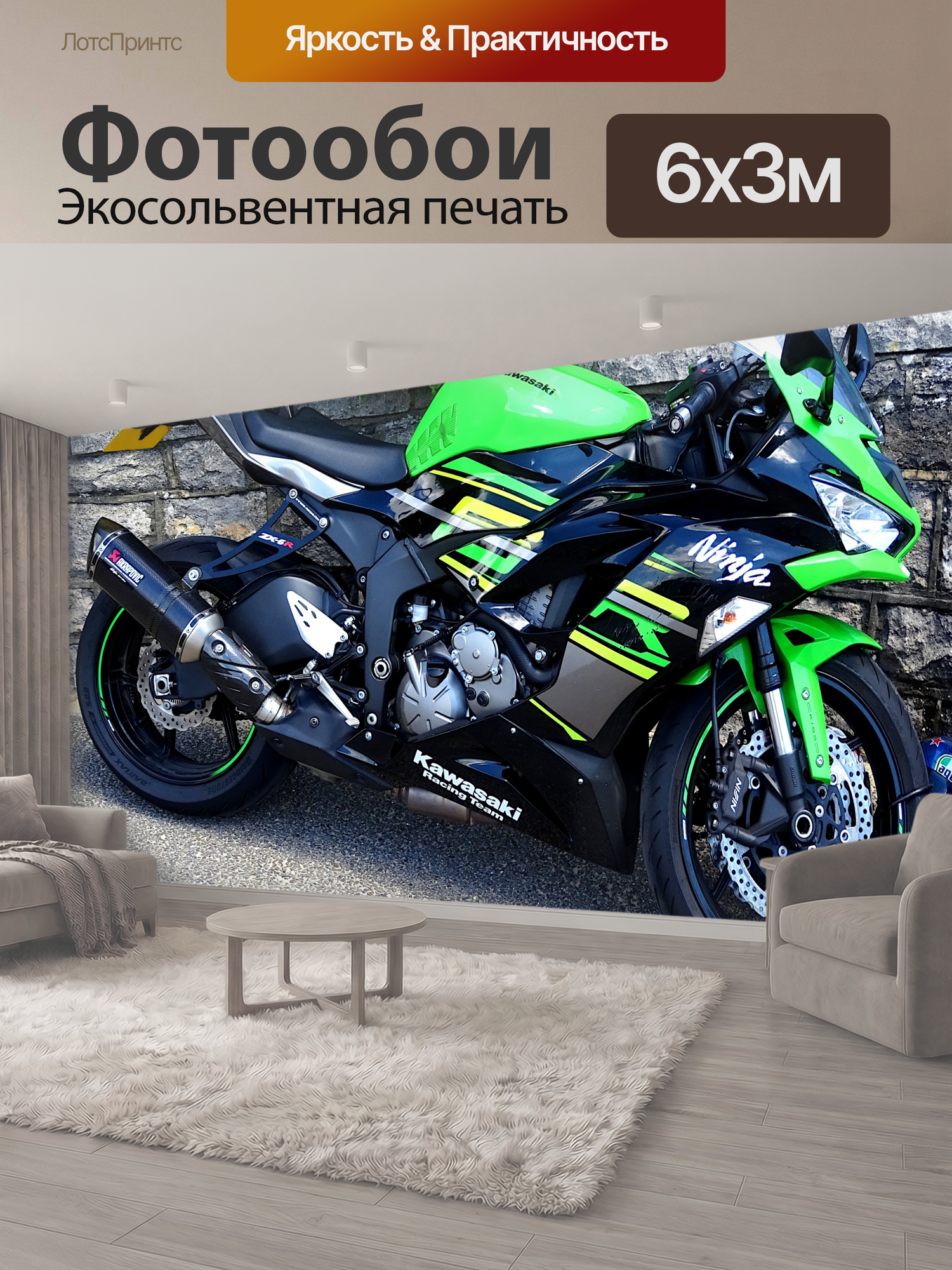 Фотообои "Кавасаки Мотоцикл Мотоцикл Kawasaki Ninja мотоцикл мотоциклы Кавасаки самокат скутеры мопед мопеды наездник райдеры велосипед." 600x300 см. экосольвентная печать
