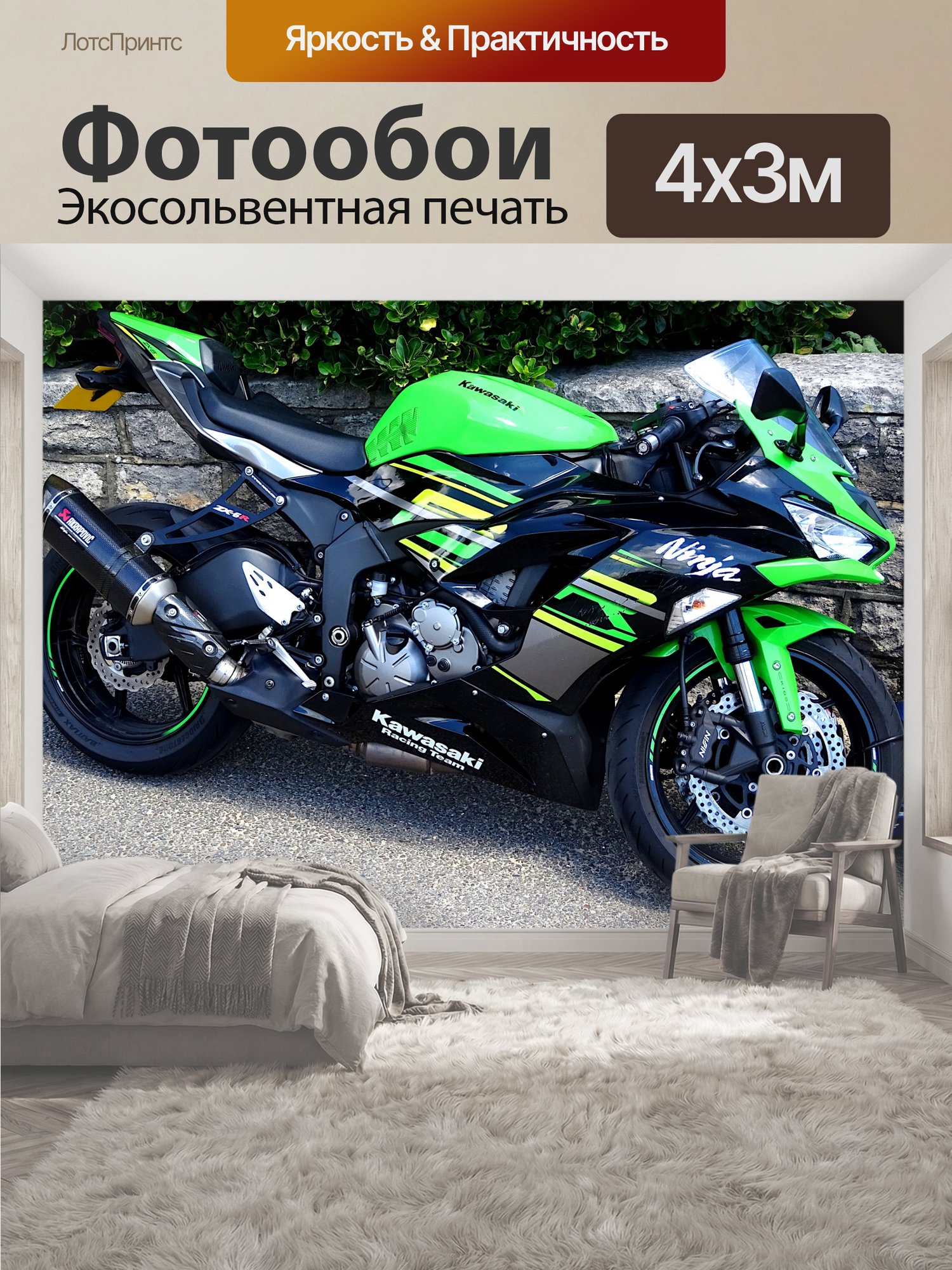 Фотообои "Кавасаки Мотоцикл Мотоцикл Kawasaki Ninja мотоцикл мотоциклы Кавасаки самокат скутеры мопед мопеды наездник райдеры велосипед." 400x300 см. экосольвентная печать