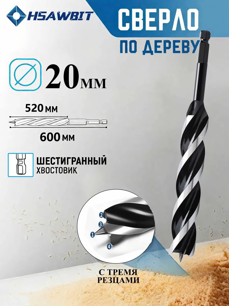 Сверло по дереву винтовое, спиральное 20x600mm