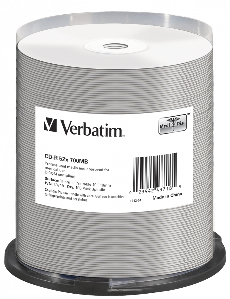 Диск оптический Verbatim CD-R 52x 700MB Medi Disc Wide Thermal Printable no ID, Cake Box, 100 шт.