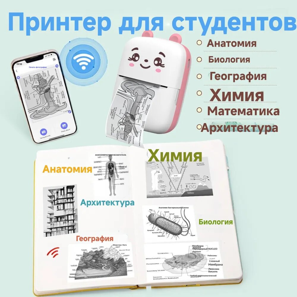 Мини-принтер термо, Монохромный для студентов с Bluetooth, печать фото