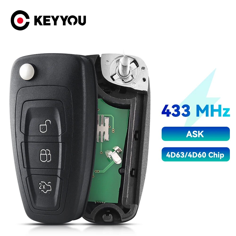 Ключ-брелок KEYYOU складной, 3 кнопки, 433 МГц, 4D63, чип для FORD Focus, Fiesta, Mondeo No Chip