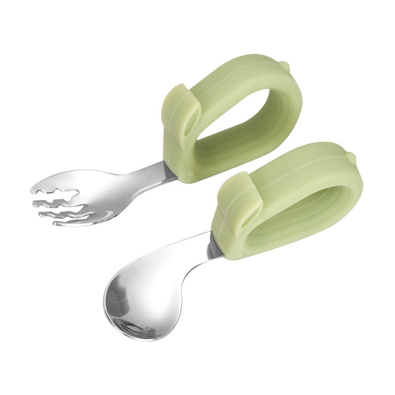 304 нержавеющая сталь детская ложка и вилка с зеленой мультяшной ручкой кролика, изогнутая и прямая формы, включает