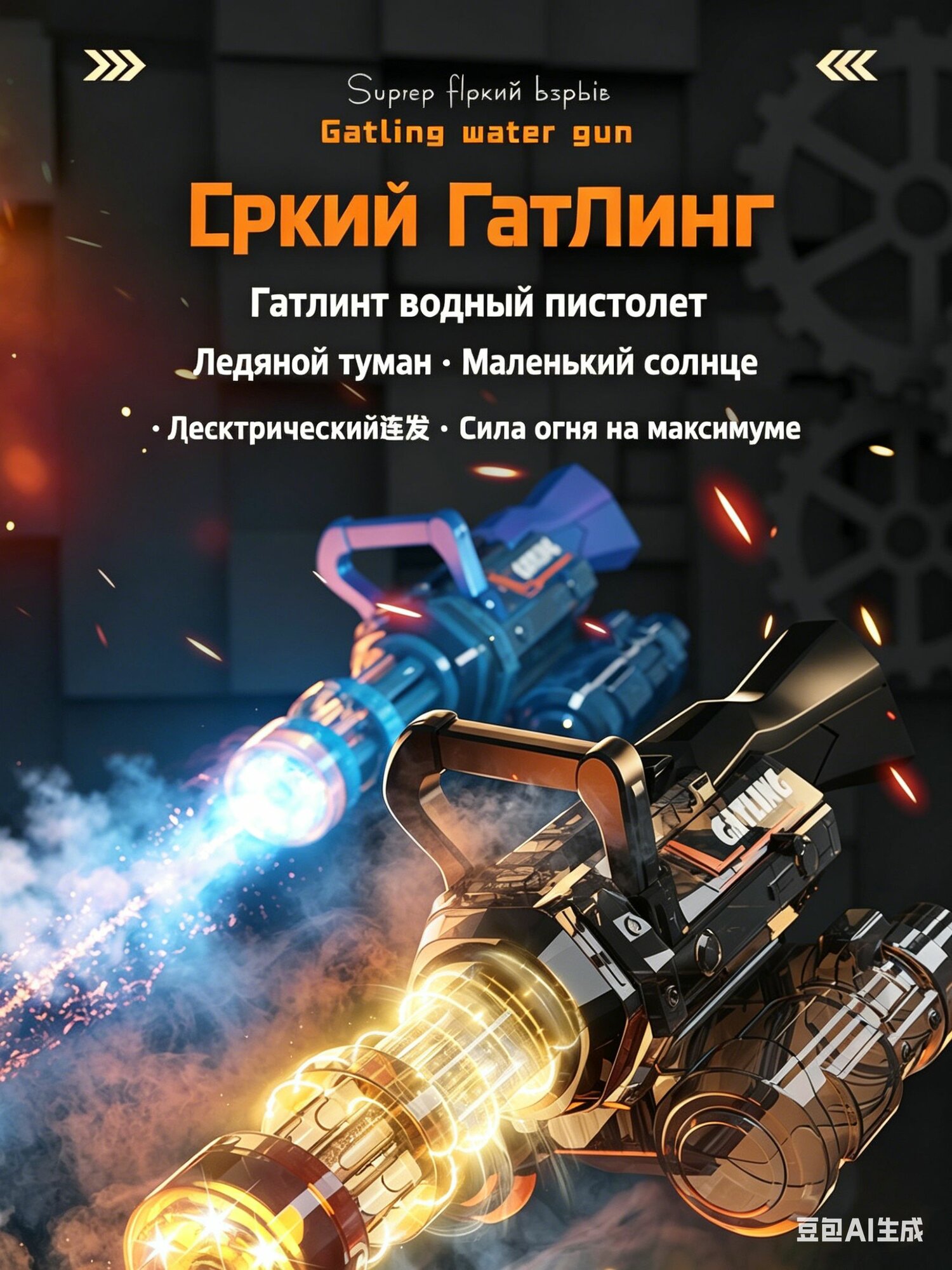 Водяной бластер Гатлинг с дымом и подсветкой, автоматический, на аккумуляторе, для детей от 6 лет