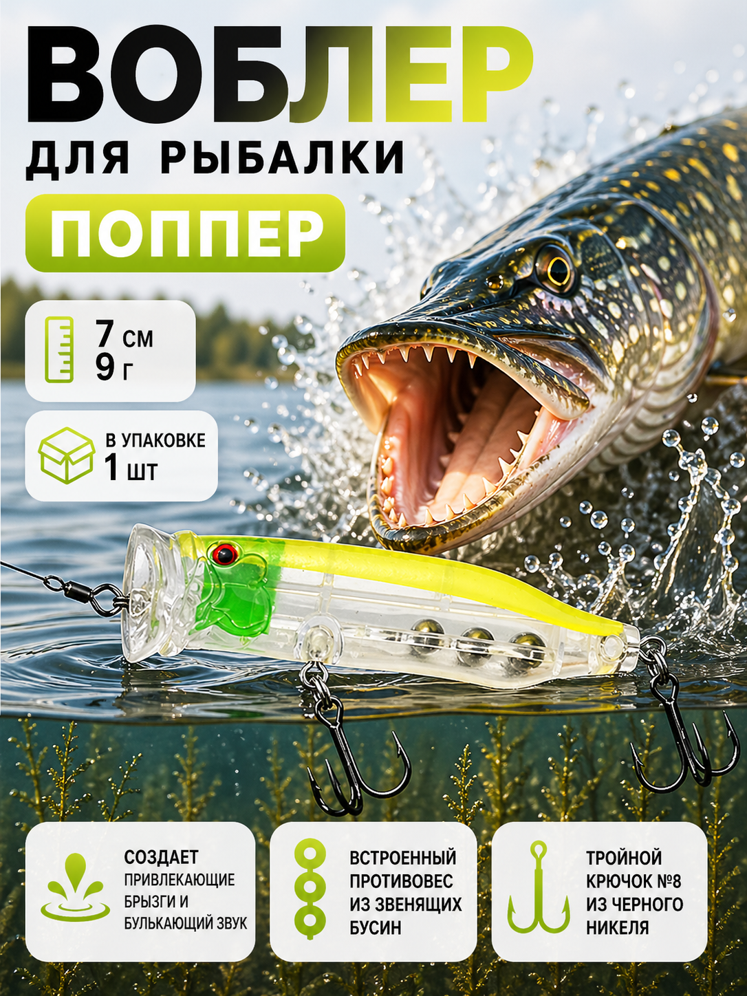 Рыболовный воблер поппер, прозрачная плавающая приманка Big Splash, для дальнего заброса с тройными крючками и погремушкой, 7 см/9 г, прозрачно-желтый