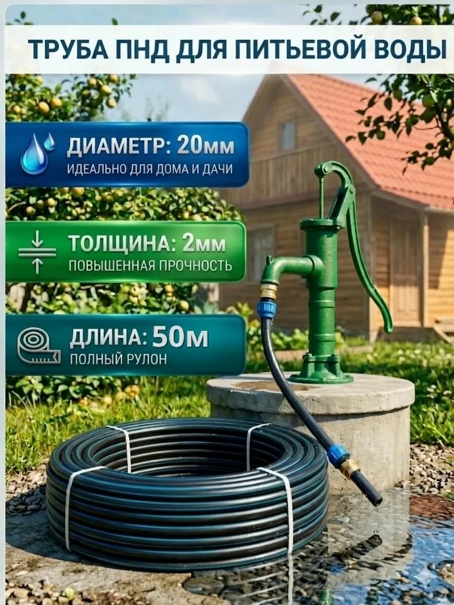 Труба ПНД питьевая 20 (2,0мм) PN16 (SDR11), 50 м (бухта) для воды