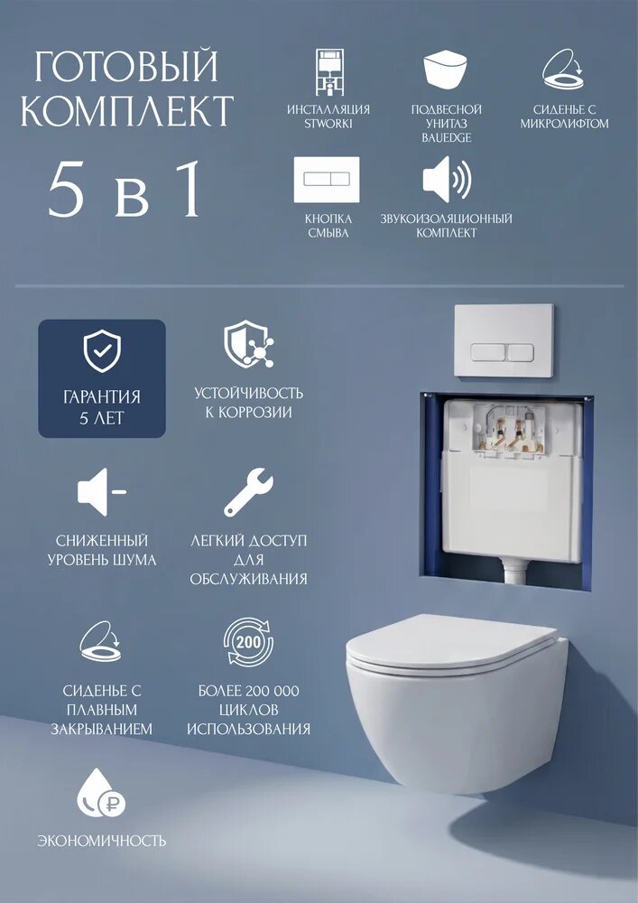 Комплект 5 в 1 Унитаз подвесной Bauedge BL0001-HQ2 / Инсталляция с кнопкой STWORKI Кронборг S28500WH / Крышка-сиденье, Комплект шумоизоляции
