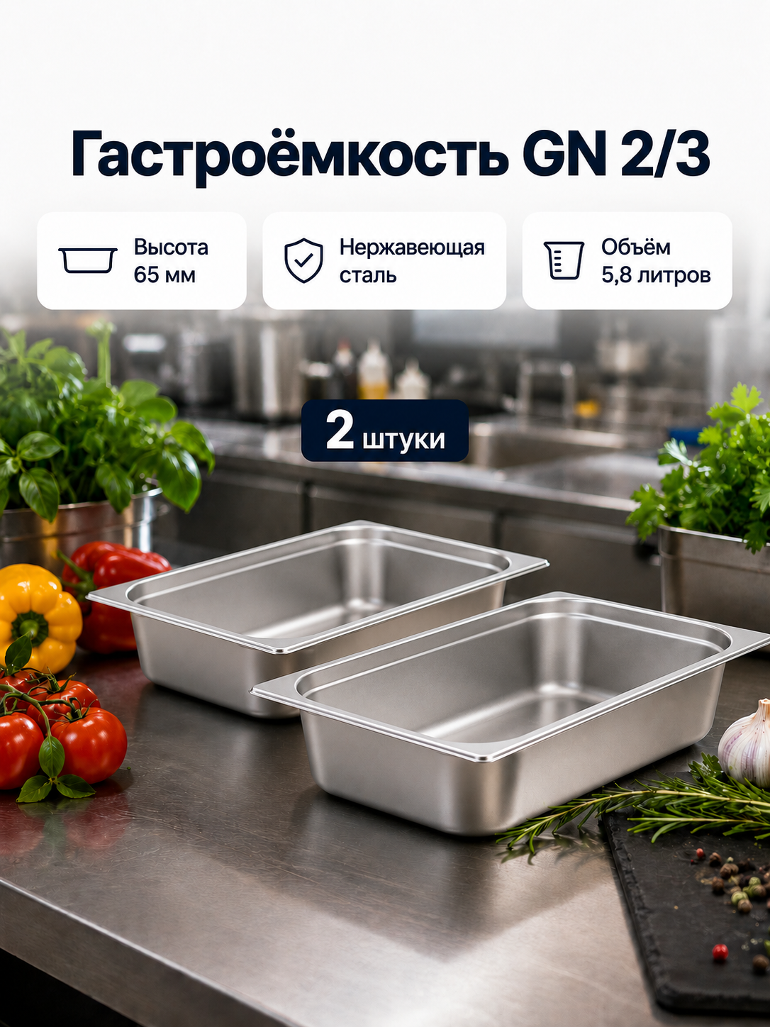 Гастроемкость GN 2/3-65 мм, набор 2 шт, нержавеющая сталь
