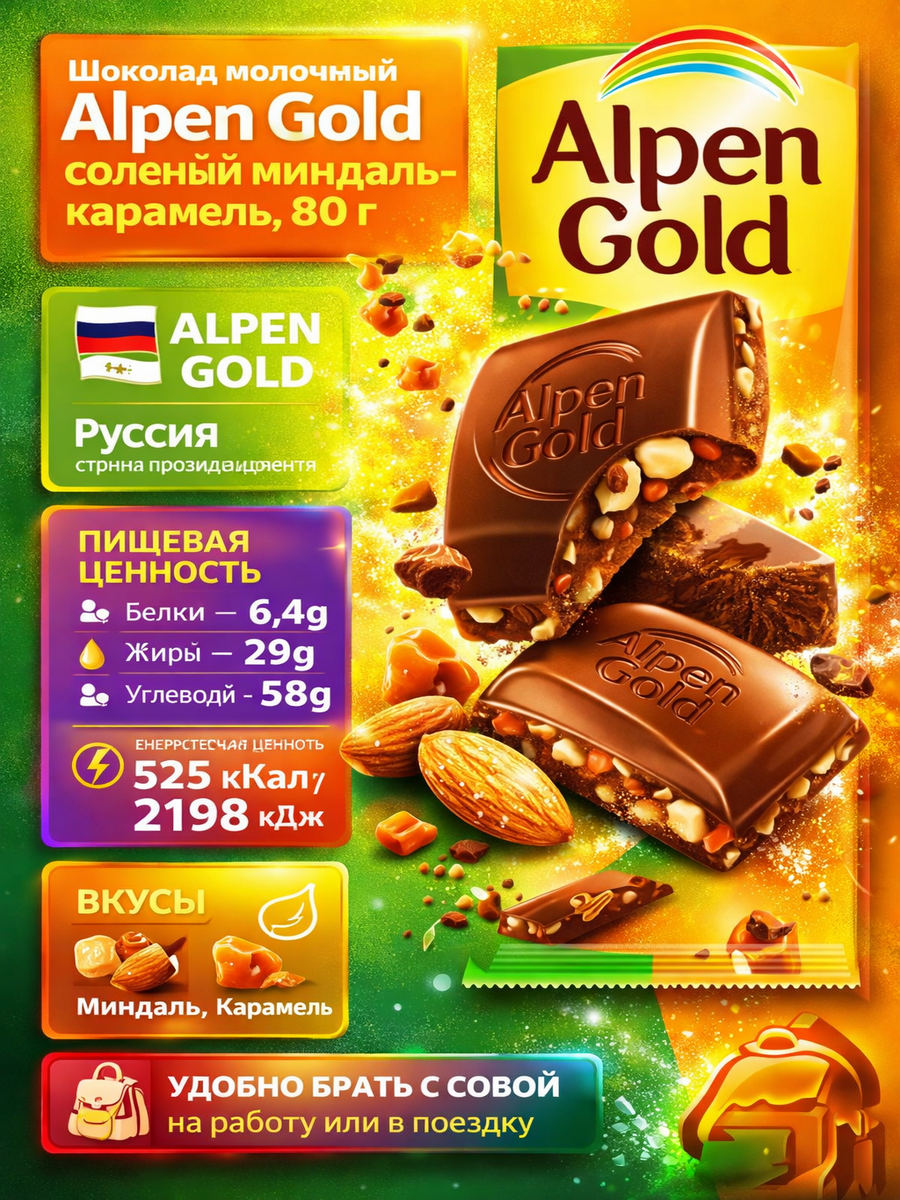 Шоколад молочный Alpen Gold соленый миндаль-карамель, 80г