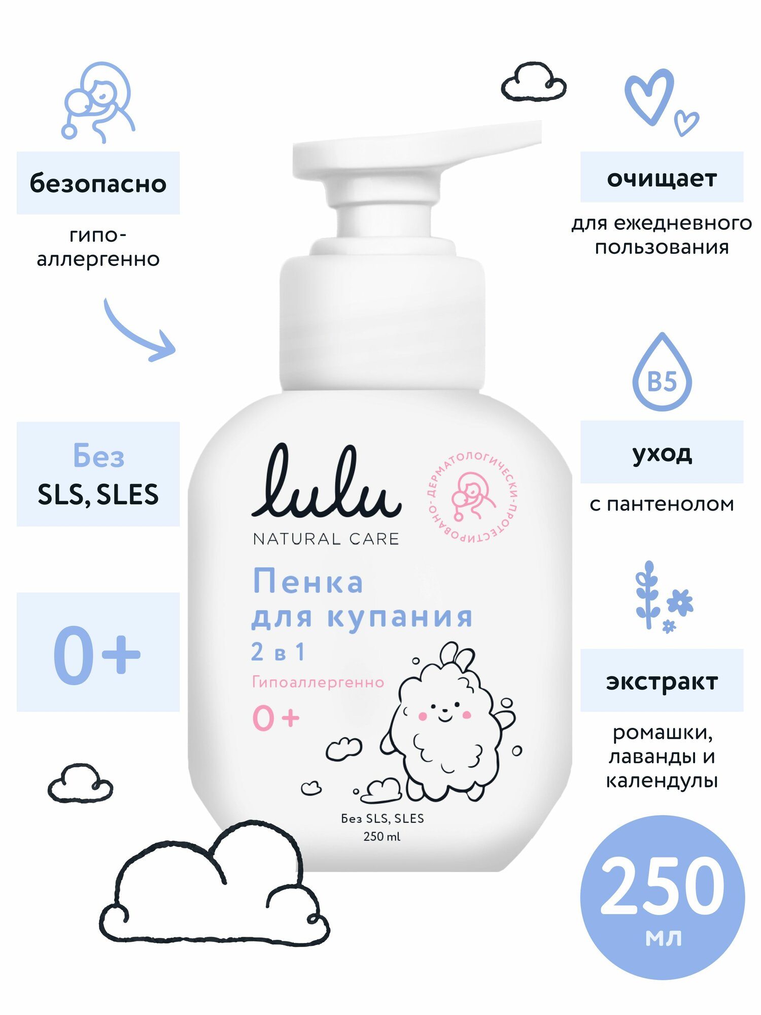 Пенка для купания новорожденных и шампунь детский 0+ (250 мл.) 2в1 Детское средство для купания новорожденных