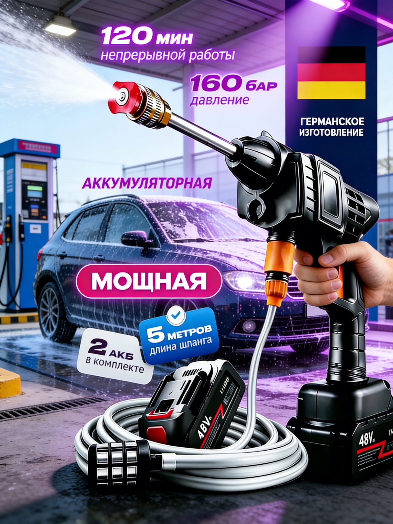 Аккумуляторная мойка высокого давления, с двумя аккумуляторами, для автомобиля