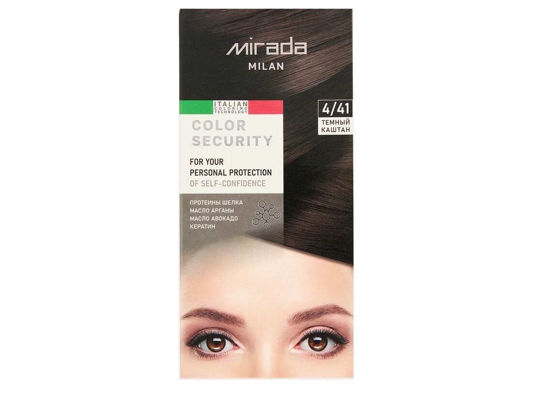 Краска для волос MIRADA Color Security с протеинами шелка, кератином, арганой, авокадо, темный каштан 4.41