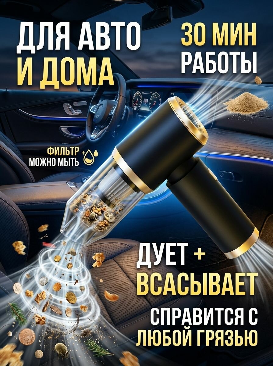 Автомобильный пылесос беспроводной / автопылесос мощный 12000Па, для сухой и влажной уборки, портативный