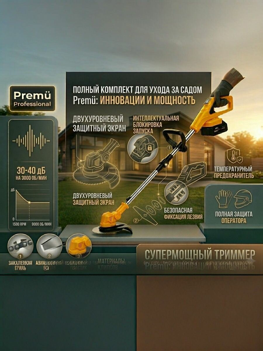 Аккумуляторная газонокосилка Premu HJ-005 | Компактная для дома и дачи | Быстрая доставка из РФ