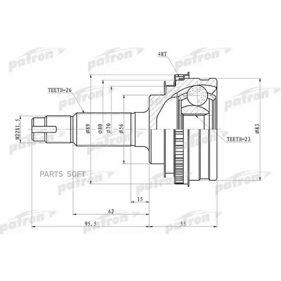 ШРУС наружный с кольцом ABS 23x56x26 ABS:48T TOYOTA COROLLA AE100/EE100/CE100 91-97 от официального дистрибьютора, PATRON, артикул PCV4006