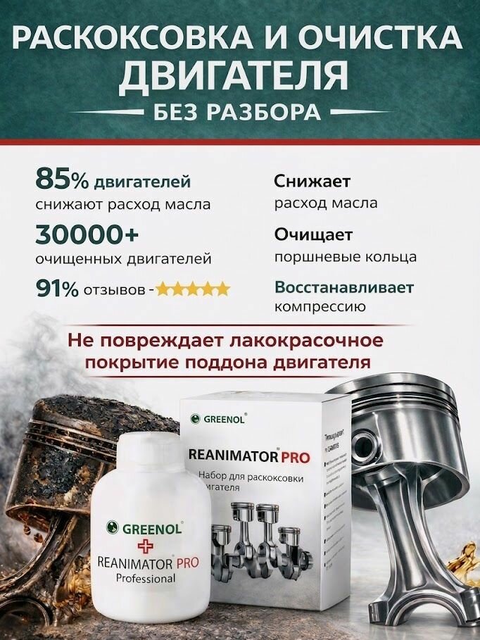 GREENOL Раскоксовка двигателя, Реаниматор Про, 450 мл очистка нагара жидкость