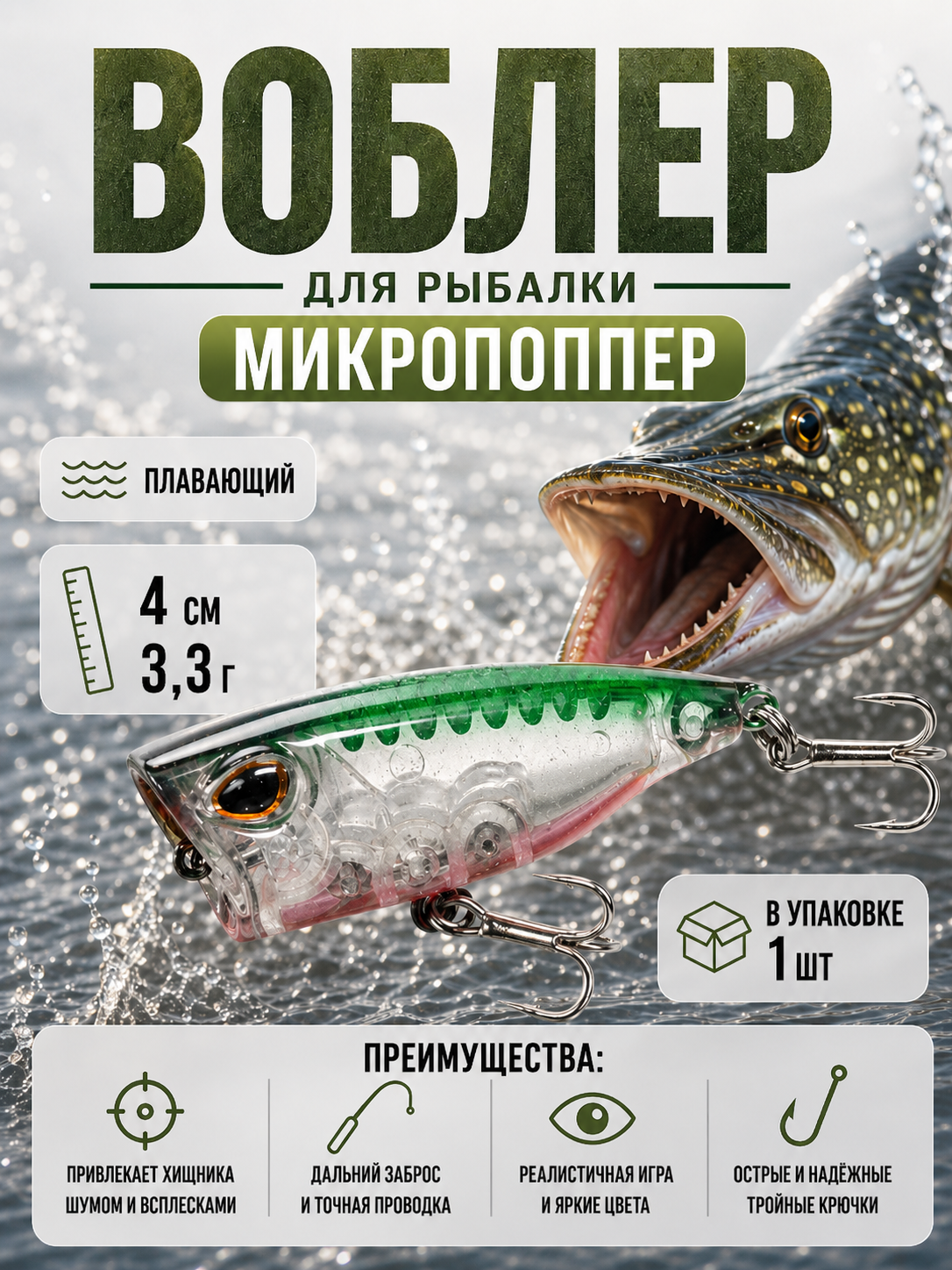 Воблер микропоппер, плавающая поверхностная приманка, с тройными крючками, 4 см/3,3 г , бело-зеленая