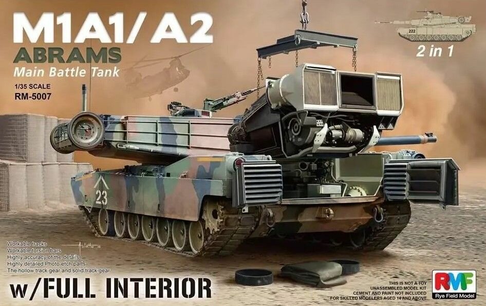 Сборная модель Американский танк ОБТ M1A1/A2 Abrams с полным интерьером и рабочими траками, RM-5007 фирма RFM 5007, масштаб 1:35