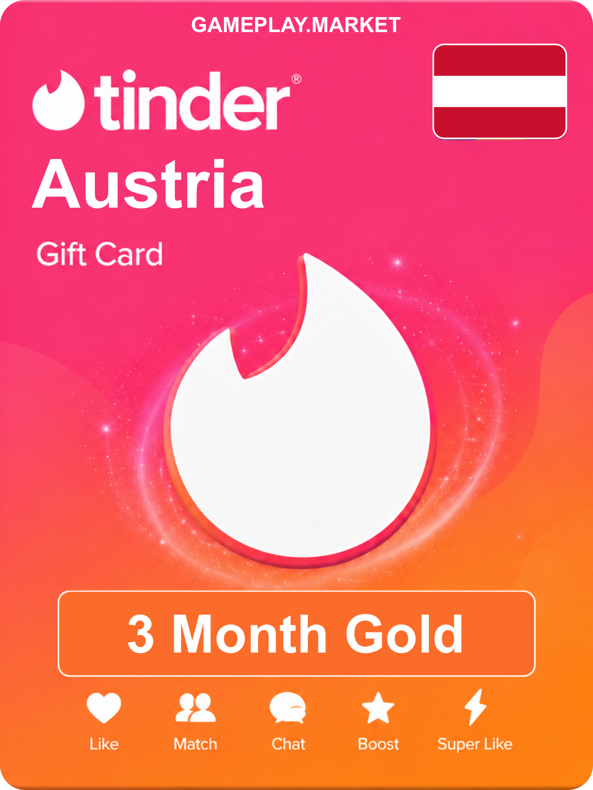 Подарочная карта Tinder Gold 3 месяца подписки / Для аккаунта Австрии / Оригинальный цифровой код