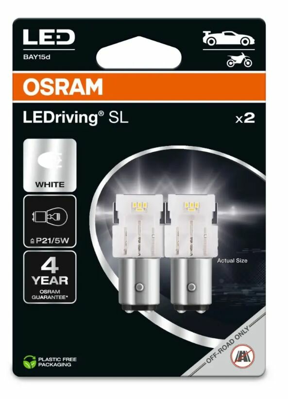 Лампа 2шт в упак. светодиод. вспомог. осв. P21/5W 12V 2,0W BAY15d OSRAM 7528DWP-2BL