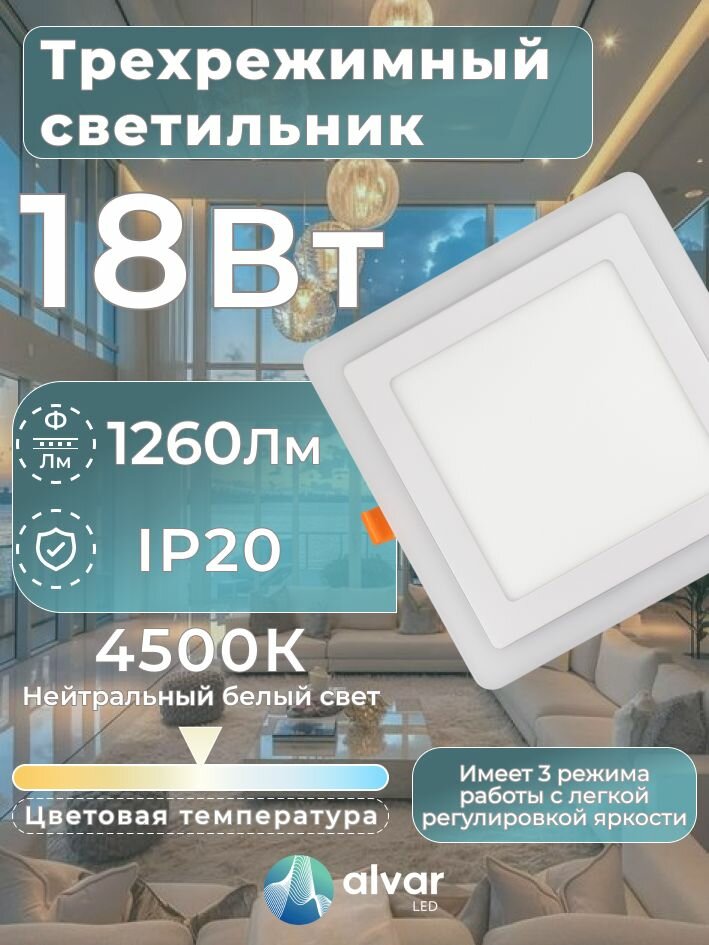 Трёхрежимный 18Вт квадрат 4500K встраиваемый светодиодный светильник