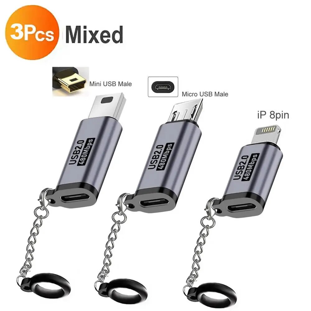 3шт. Адаптер USB 2.0 Micro/Mini/iPhone 8pin