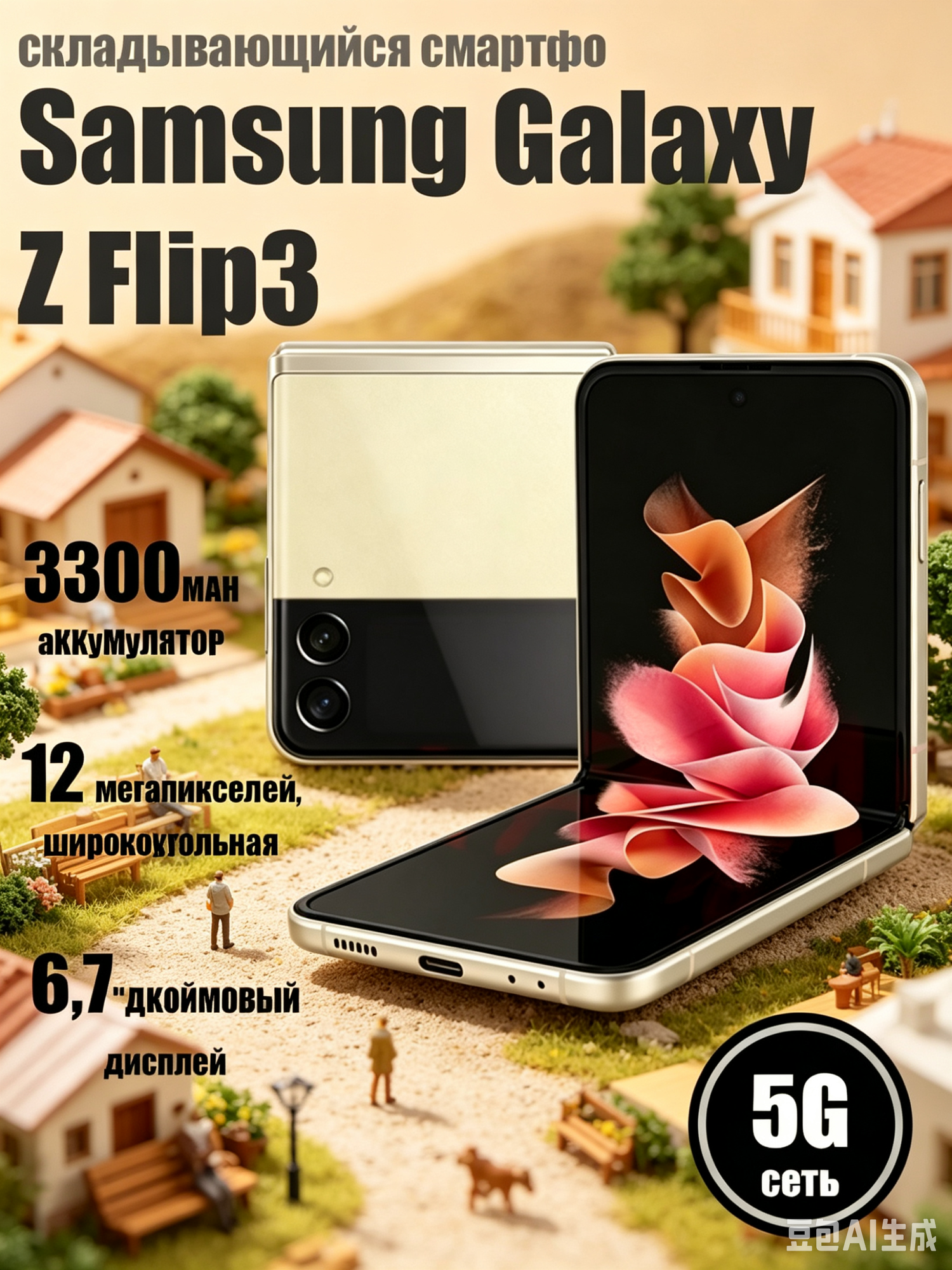 ОригиналСмартфон Samsung Galaxy Z Flip 3, 8+256GB, 1 nano SIM, золотисто-бежевый