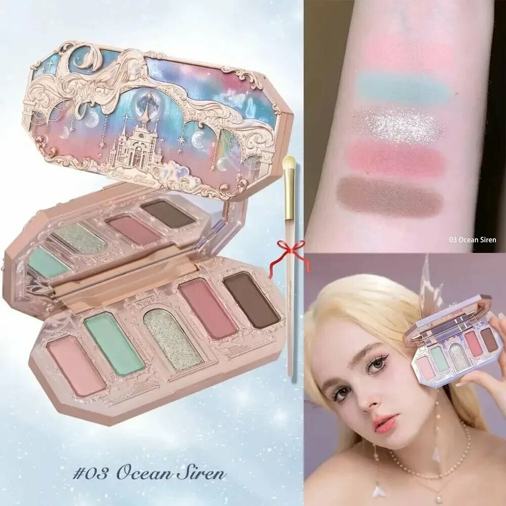 Палетка теней Flower Knows Moonlight Mermaid Eyeshadow Palette 5 Colors Matte Shimmer Glitter Long Lasting Vegan Waterproof Makeup Palette