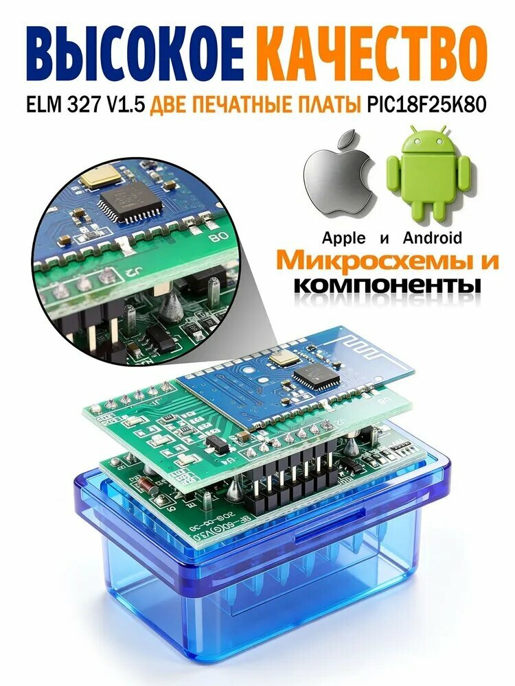 Автомобильный автосканер ELM327 OBD2 V1.5 Bluetooth чип PIC18F25K80 iOS + Android две платы резонатор 4.0Мгц CVTz50