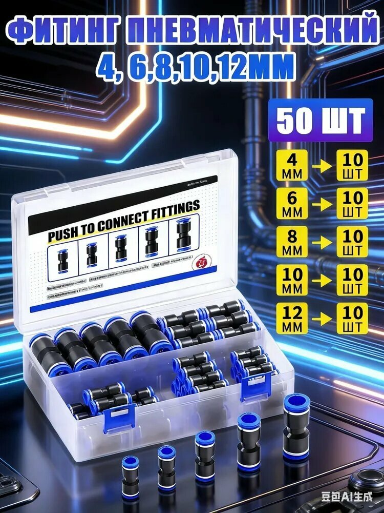 Фитинг пневматиЧеский прЯмой нaбop4MM,6MM,8MM,10MM,12MM.50 штук