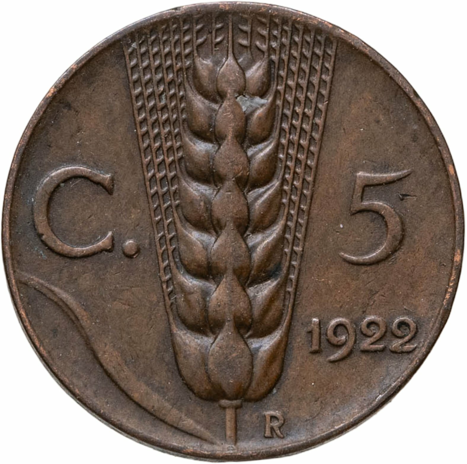 Италия 5 чентезимо centesimi 1922, Медь, в сохранности XF