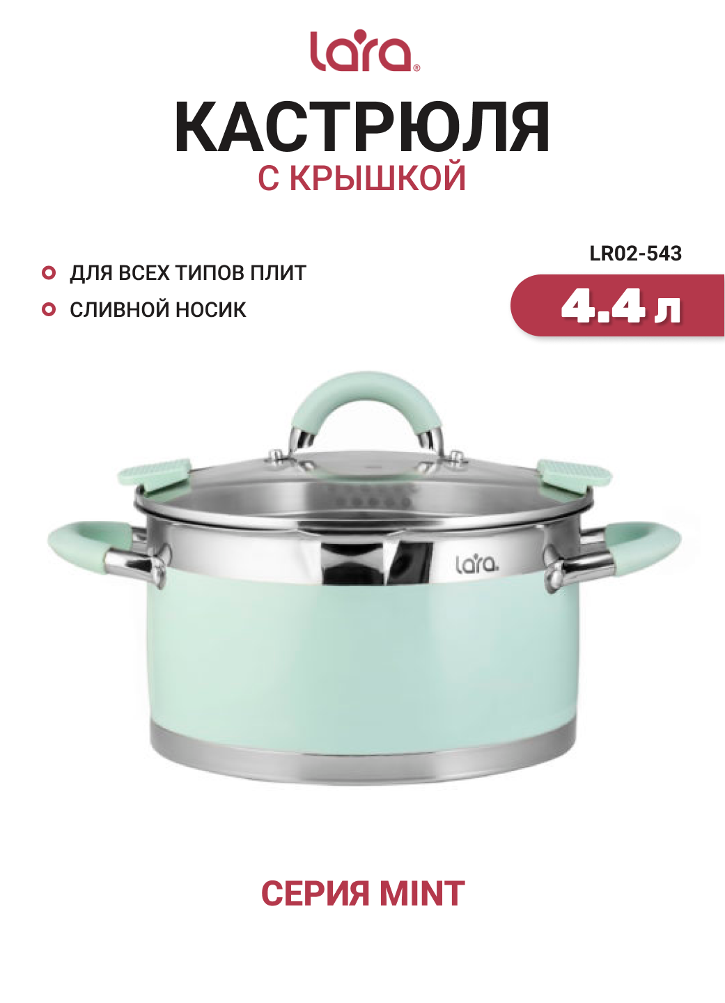 Кастрюля 4,4 л LARA, MINT, LR02-543, нерж. сталь, комбинированная полировка/декоративное покрытие