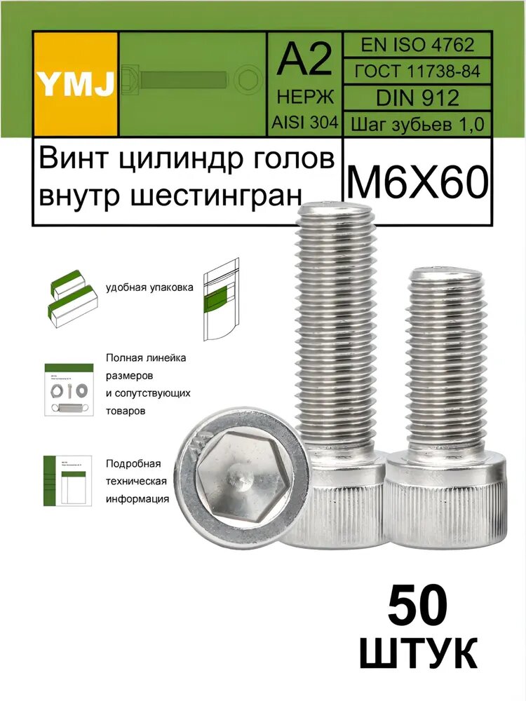 Болт 6 x 60 мм, головка: Цилиндрическая, 50 шт.