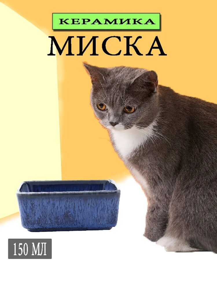 Керамическая миска для кошек, маленькая квадратная, темно-синяя, 150 мл