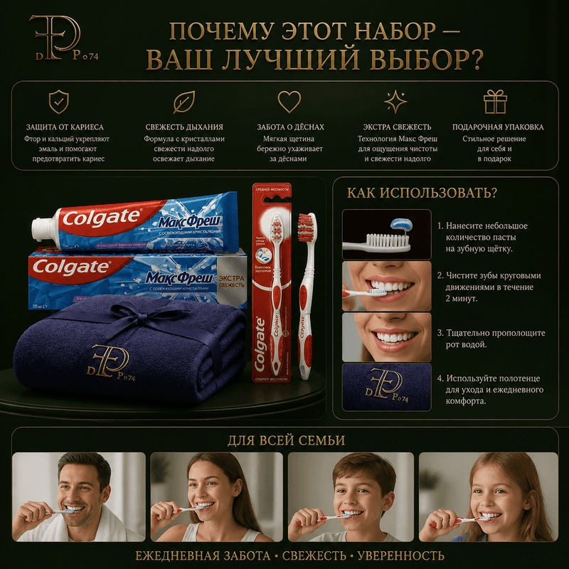 Подарочный набор для ухода за полостью рта Colgate МаксФреш: зубная паста, зубная щетка и полотенце — фото 1