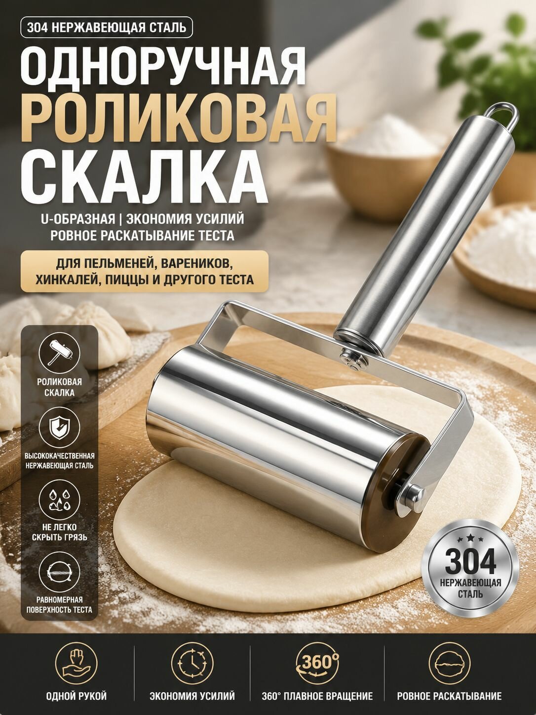 Роликовая скалка из нержавеющей стали 304, одноручная, 360 вращение, антипригарная, для теста (пельмени, пицца, лепешки), легко моется, вешается