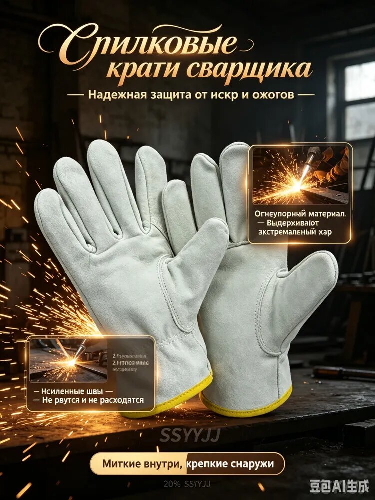Краги сварщика спилковые, термостойкие перчатки-рабочие, защитные огнеупорные для сварки и стройки