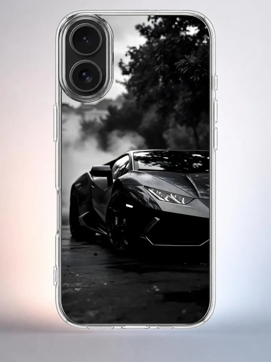 Чехол iPhone 16 чёрный ламборгини силиконовый прозрачный
