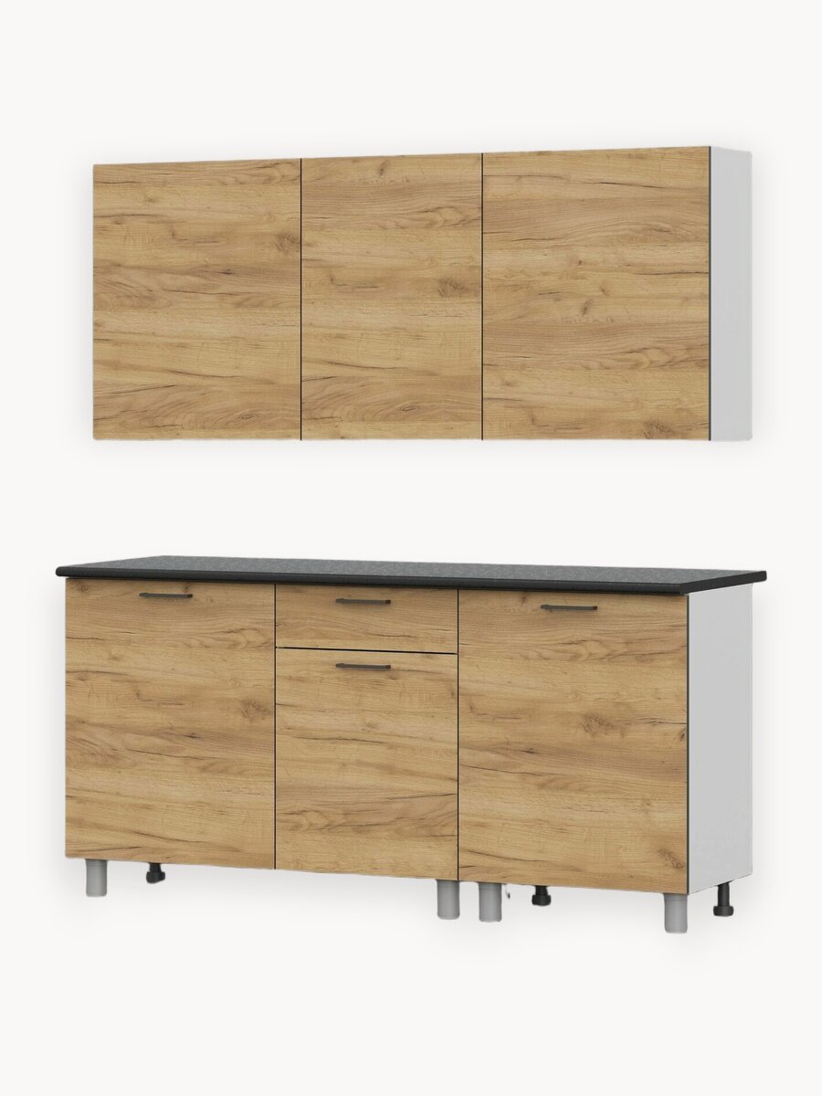 Кухонный гарнитур Страйк 1.7 м, мебель для дома и кухни, со столешницей, Белый / Дуб золотой / Черный матовый