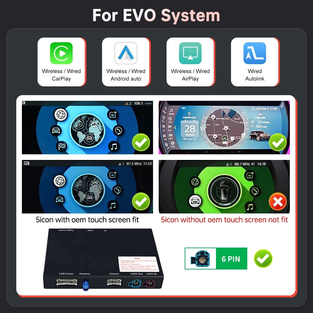 Road Top Wireless CarPlay Android Auto для Mini R55 R56 R57 R58 R59 R60 R61 F54 F55 F56 EVO System
