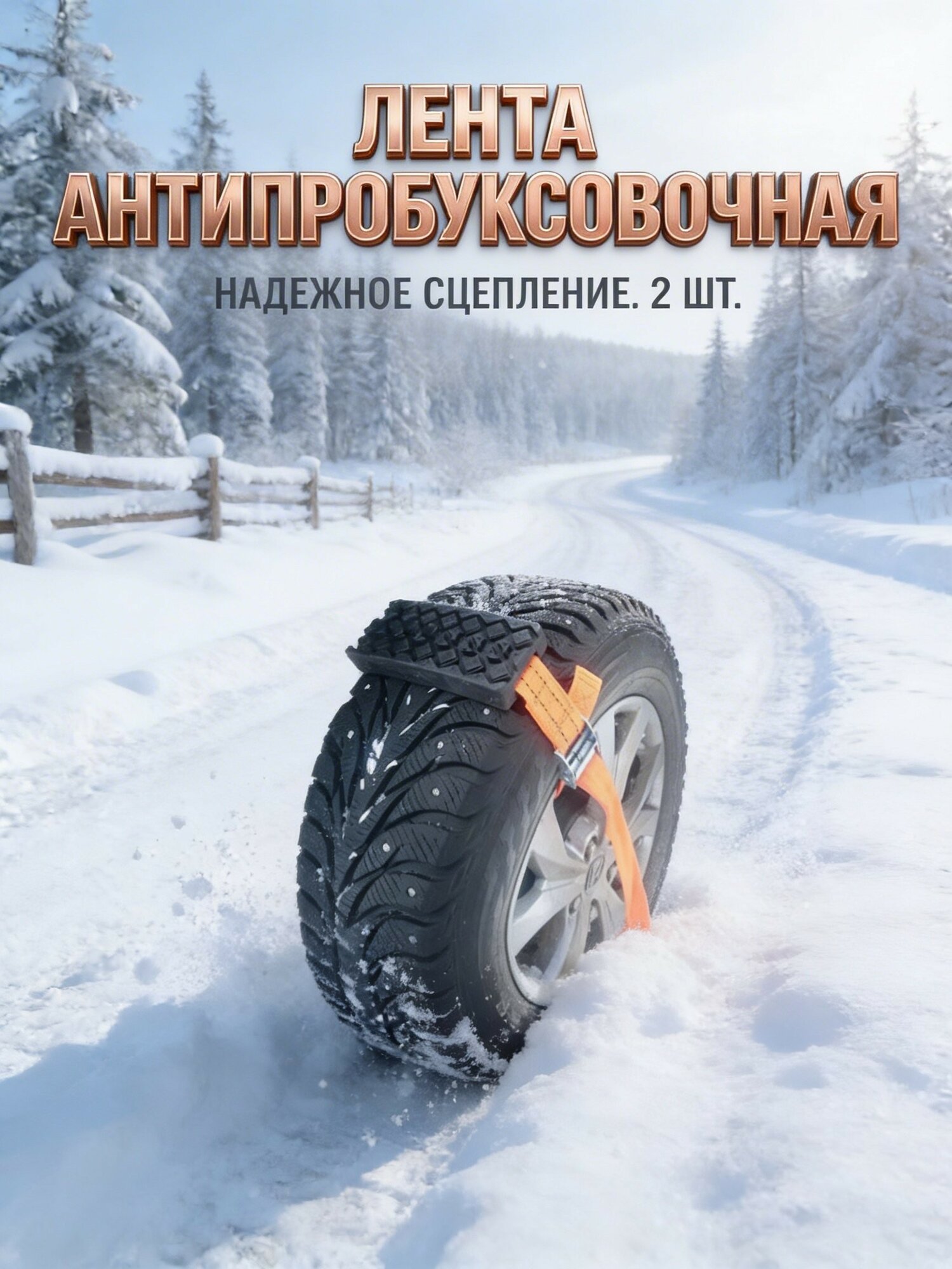 Лента антипробуксовочная, 2 шт для колес автомобиля с металлическим креплением и глубоким протектором